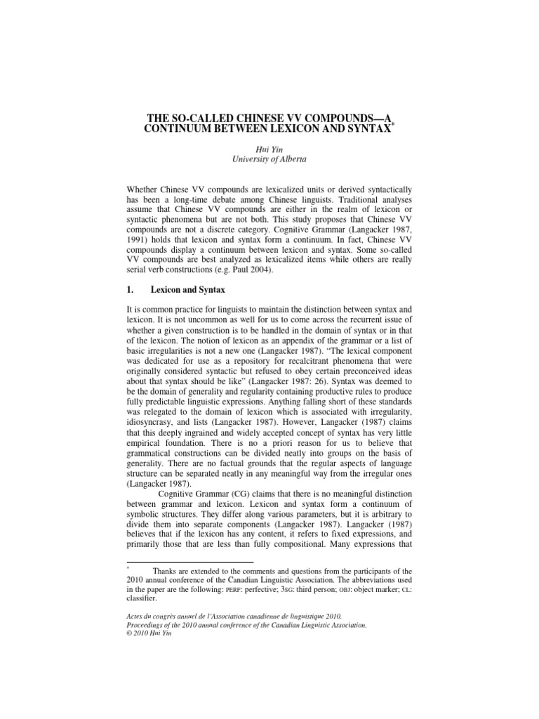 Chinese VV Compounds - Lexicon and Syntax | PDF | Foreign Language Studies