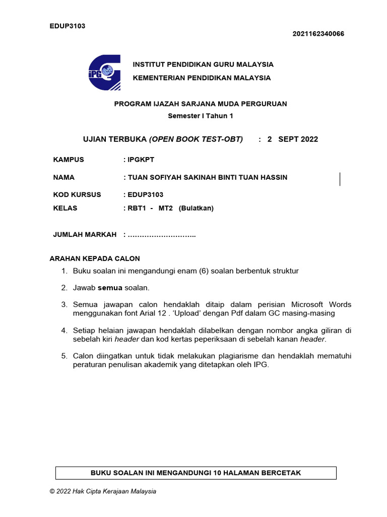 Kertas Soalan Dan SP Ujian Terbuka (Obt) | PDF