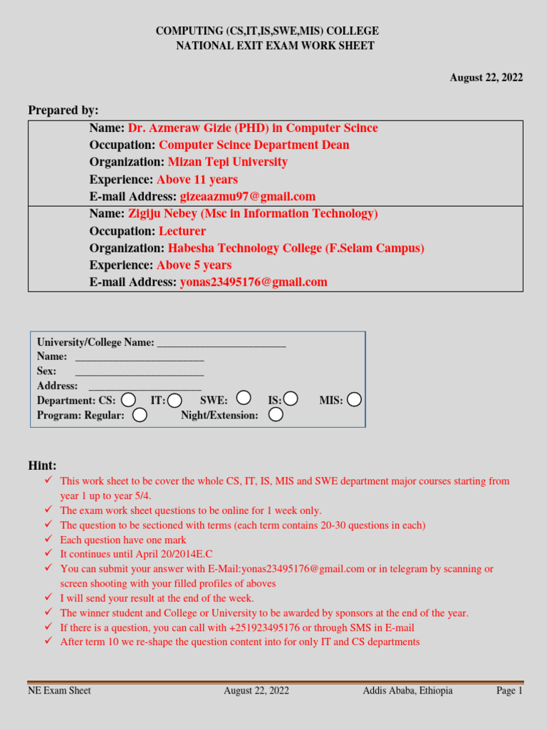 National Exit Exam for Computing Fields | PDF | Internet Protocol Suite ...