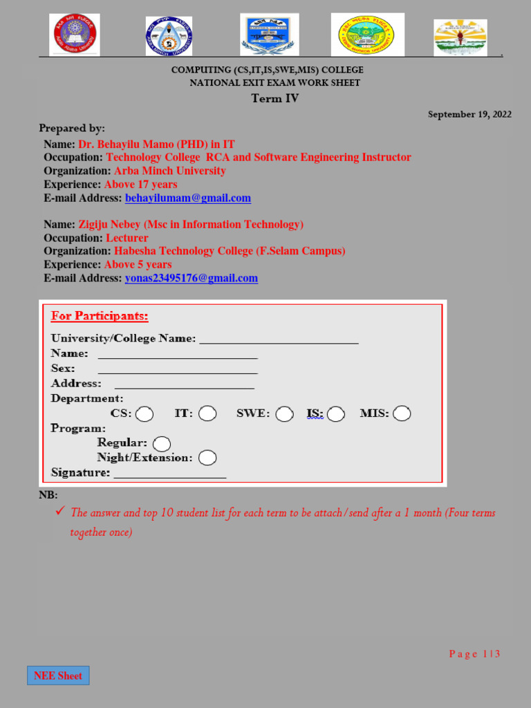 National Exit Exam Term 4 | PDF | Computer Science | Computing