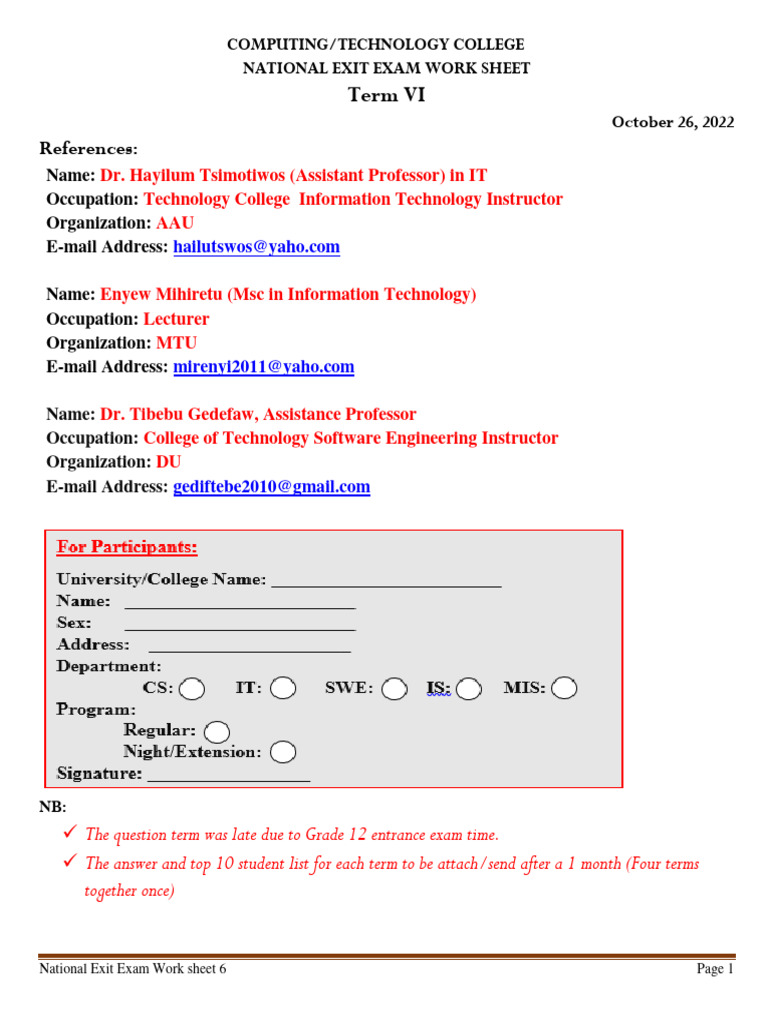 National Exit Exam Term 6 | PDF | Variable (Computer Science) | Osi Model