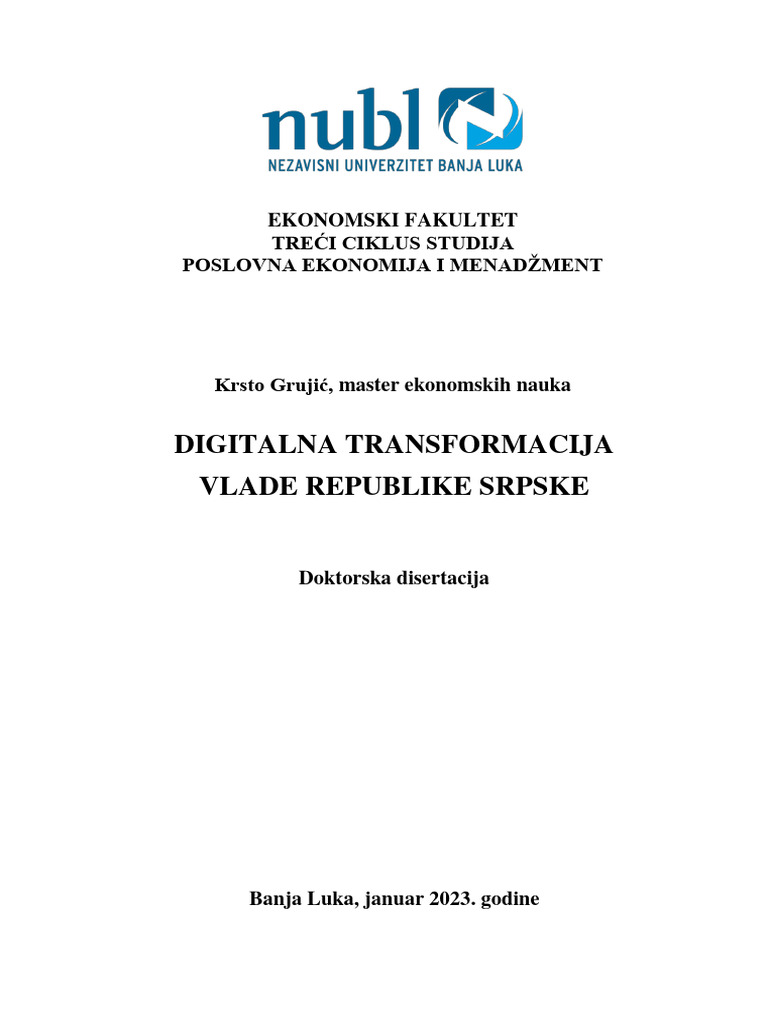 Krsto Grujic Digitalna Transformacija Vlade Republike Srpske Doktorska Disertacija 1 | PDF