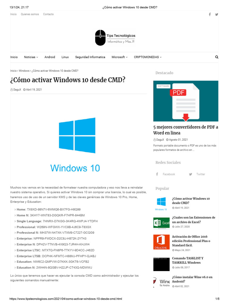 ¿Cómo Activar Windows 10 Desde CMD | Descargar gratis PDF | Windows 10 ...