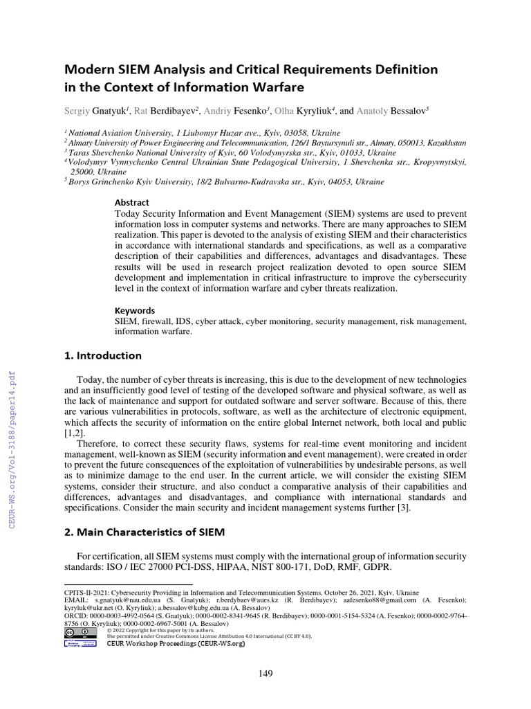 Modern SIEM Analysis and Critical Requirements Definition in The Context of Information Warfare ...