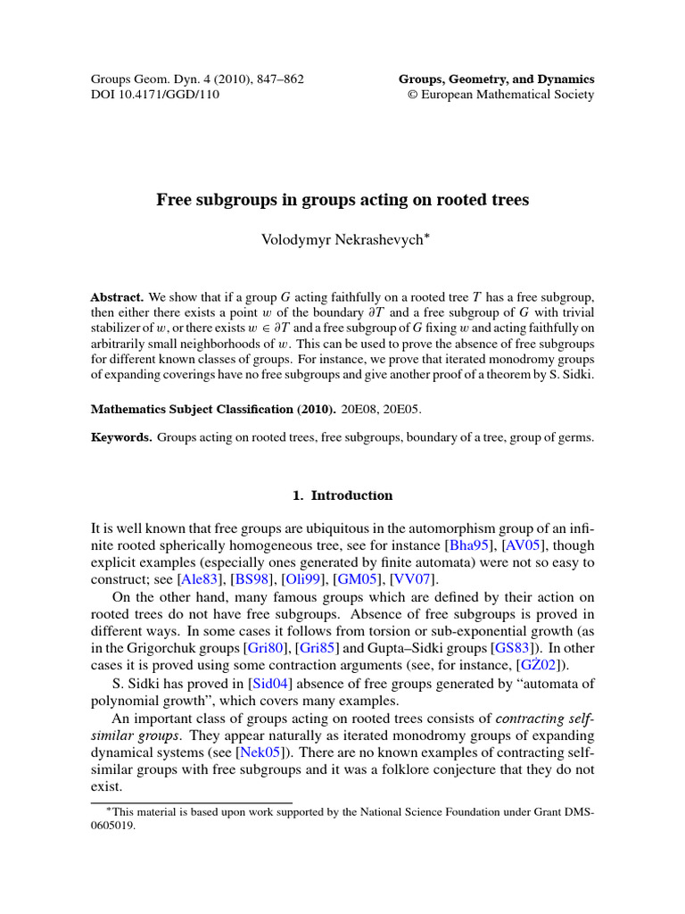 Free Subgroups in Groups Acting On Rooted Trees | PDF