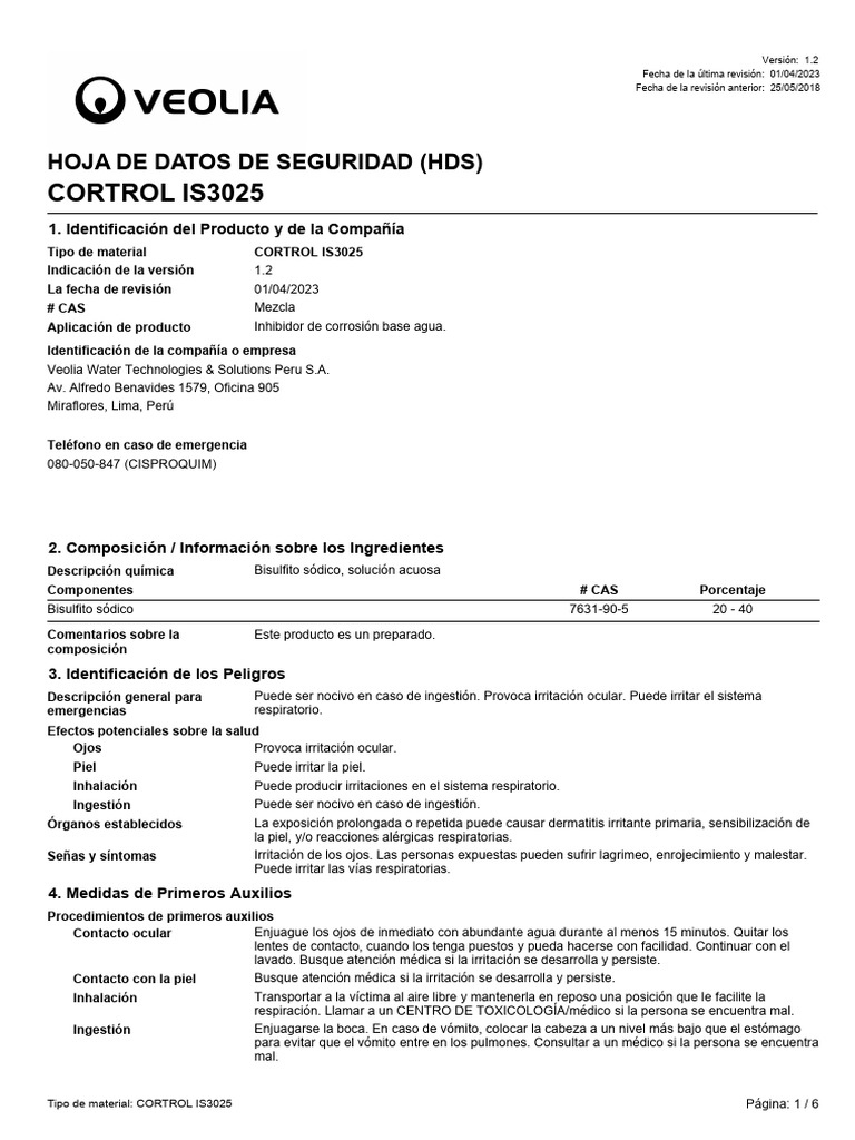 MSDS - Cortrol IS3025 | PDF