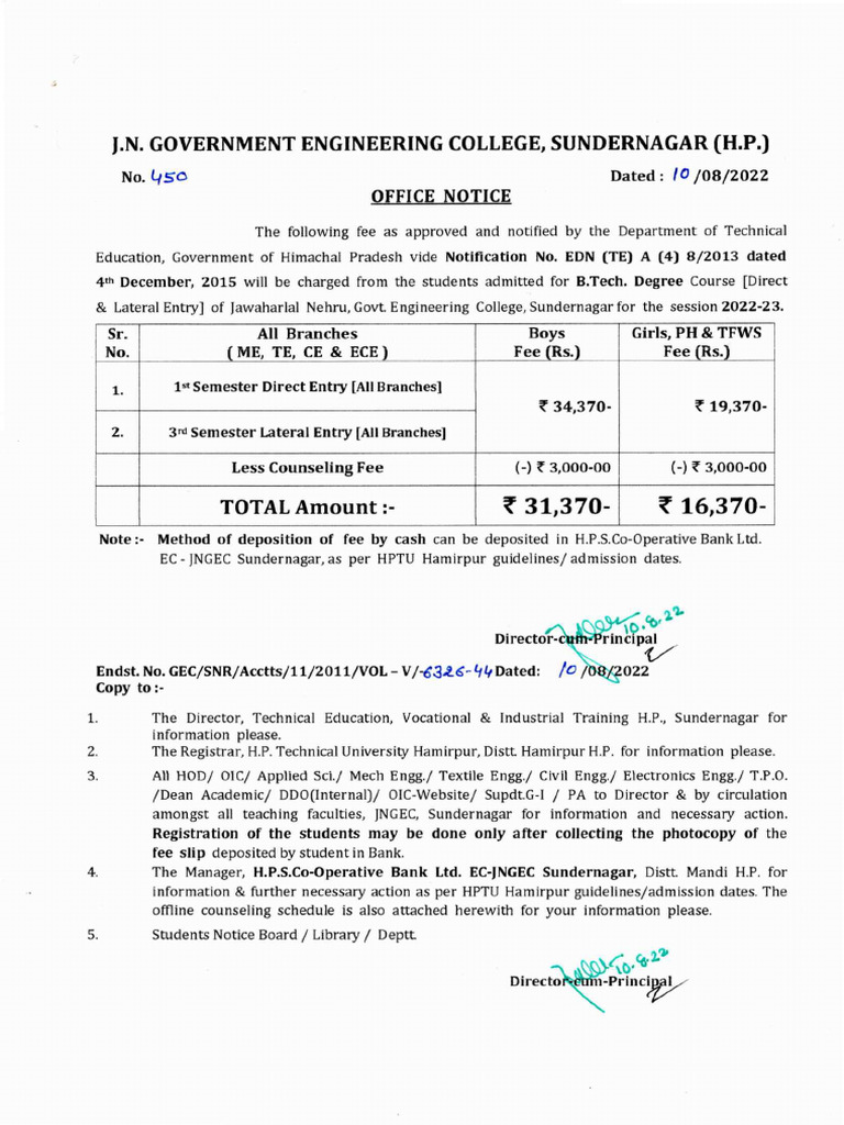 1st Sem Direcy Entry & 3rd Sem Lateral Entry Fee Structure For Session ...