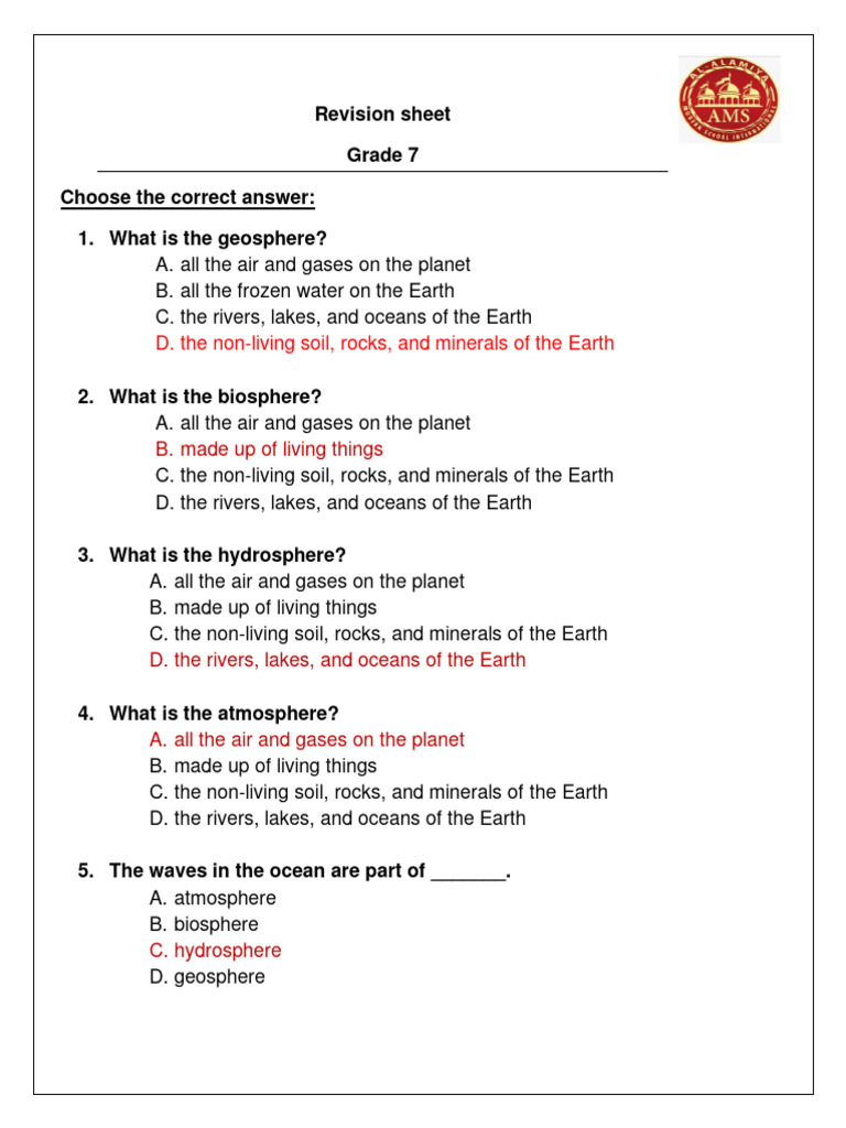 Grade 7 Earth Science Revision Quiz | PDF