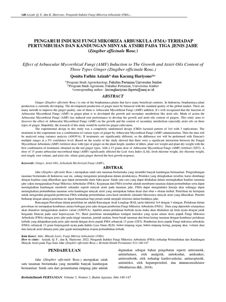 Jurnal Pengaruh Induksi Fungi Mikoriza Arbuskula (Fma) Terhadap | PDF | Symbiosis | Biology