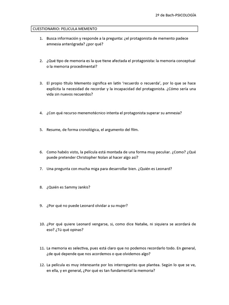 Cuestionario Pelicula | PDF | Procesos mentales | Neurociencia