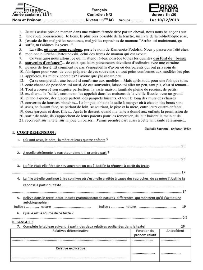 Devoir 2 Modele 10 Francais 3ac Semestre 1 | PDF