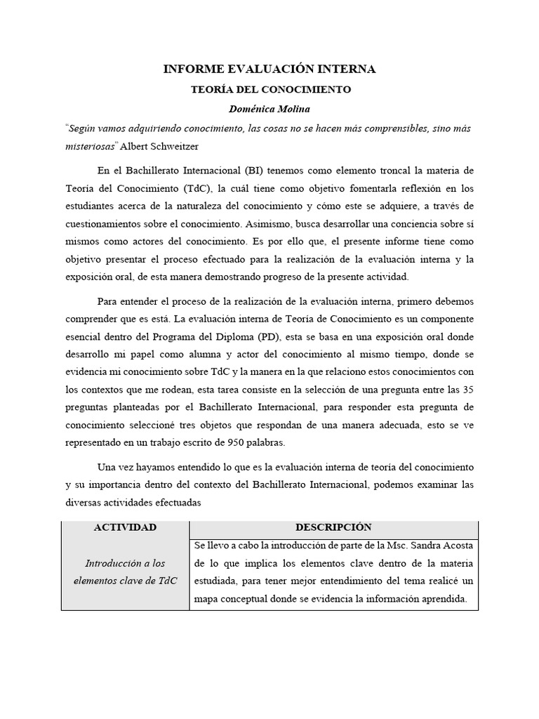 Informe Teoría Del Conocimiento - Domenica Molina | PDF | Conocimiento | Evaluación