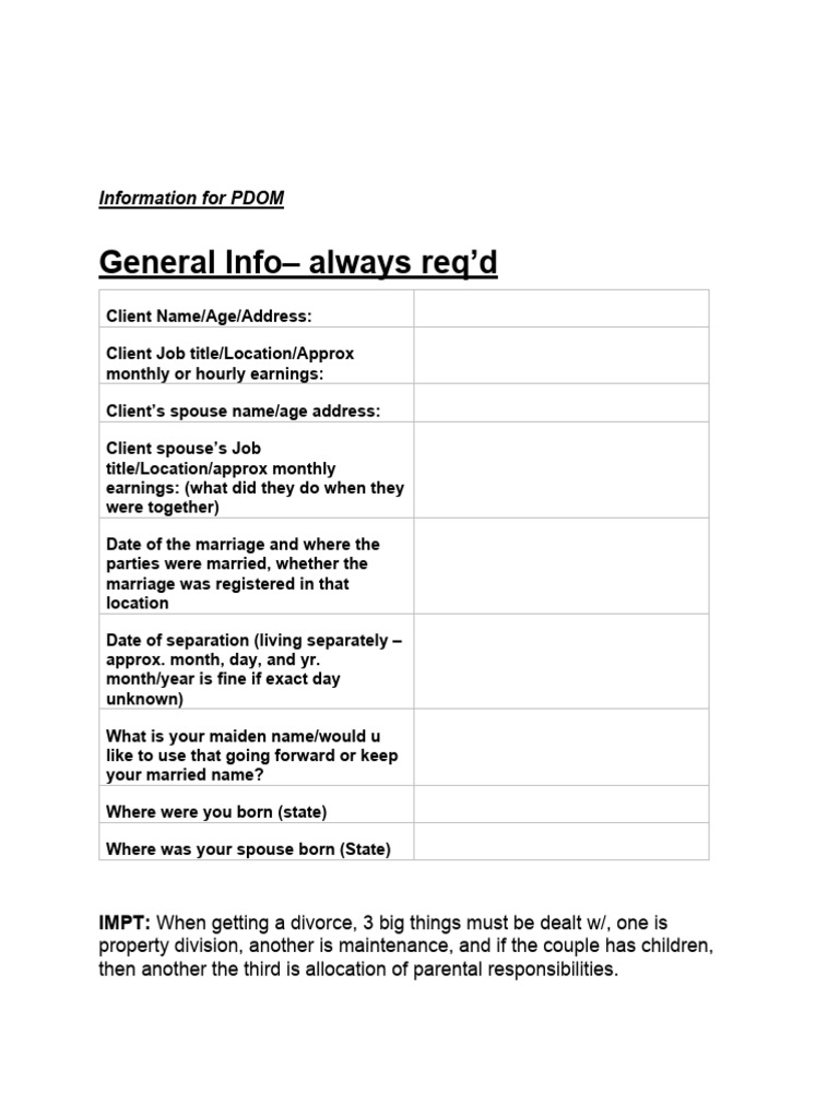 Intake Sheet | Download Free PDF | Alimony | Divorce