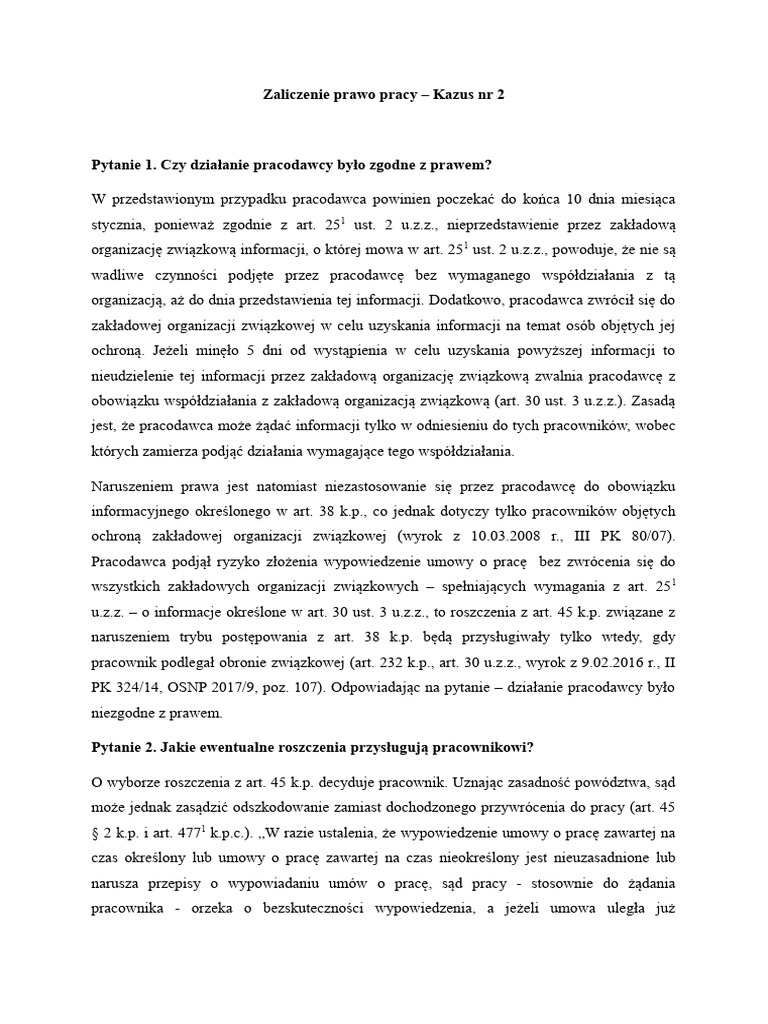 Zaliczenie Prawo Pracy - Kazus 2 | PDF