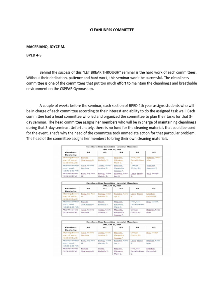 Cleanliness Committee | PDF | Career & Growth | Wellness