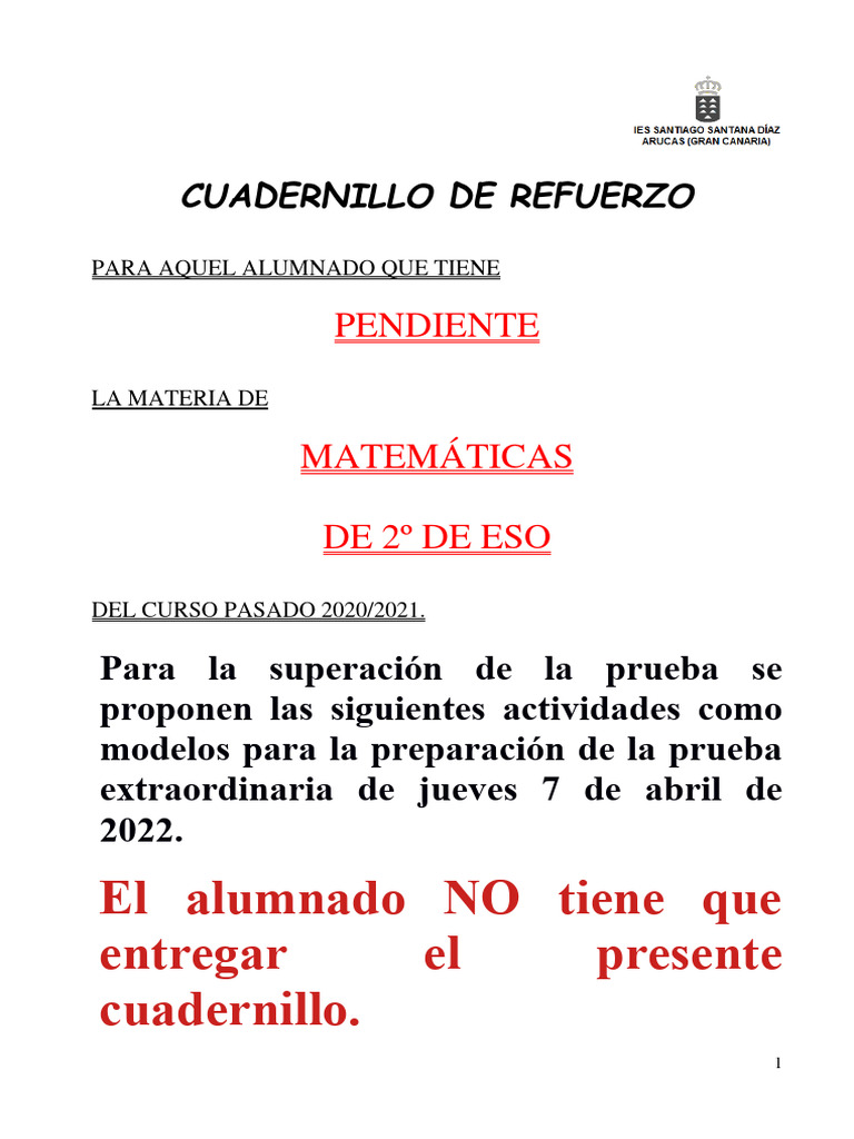 LO S1 Cuadernillo de Actividades Pendientes 2o Eso 21 22 | PDF LO S1 Cuadernillo de Actividades Pendientes 2o Eso 21 22 | PDF