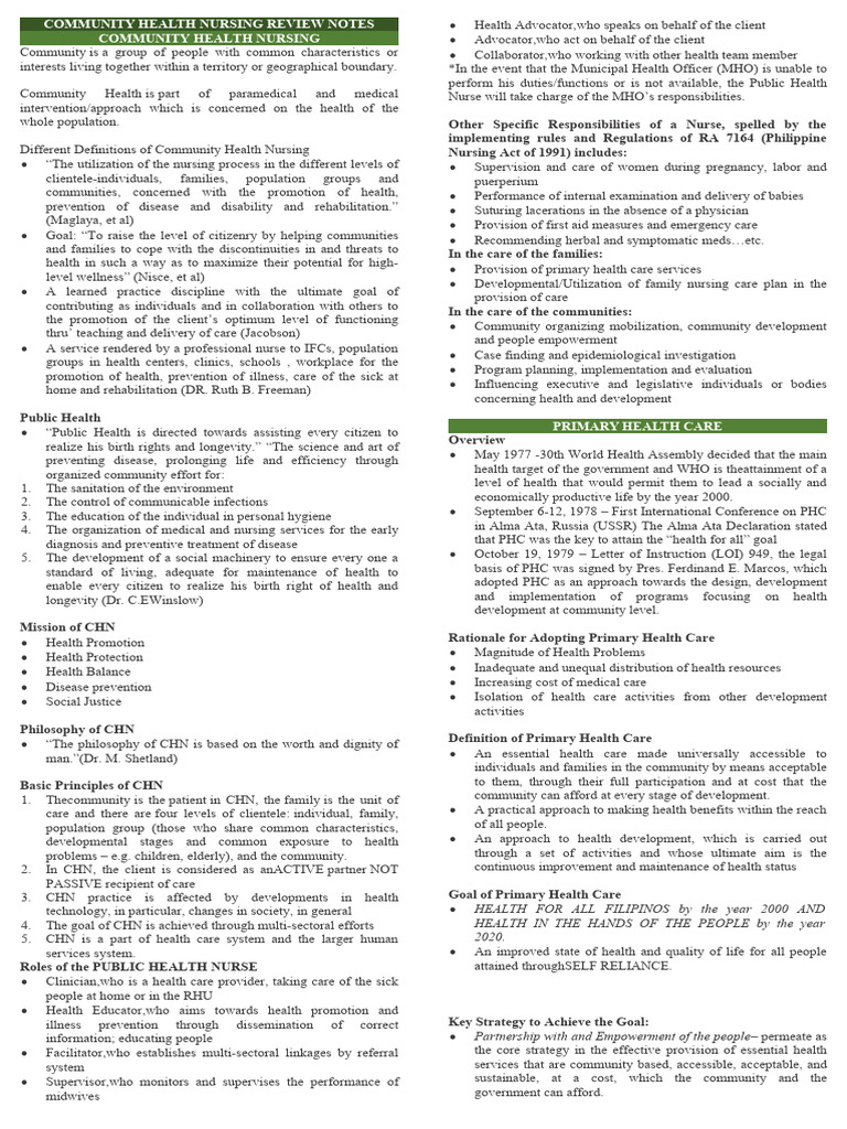 Community Health Nursing Review Notes | Download Free PDF | Preventive ...