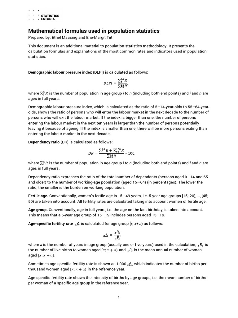 Mathematical Formulas Used in Population Statistics - 1110 | PDF | Total Fertility Rate | Life ...