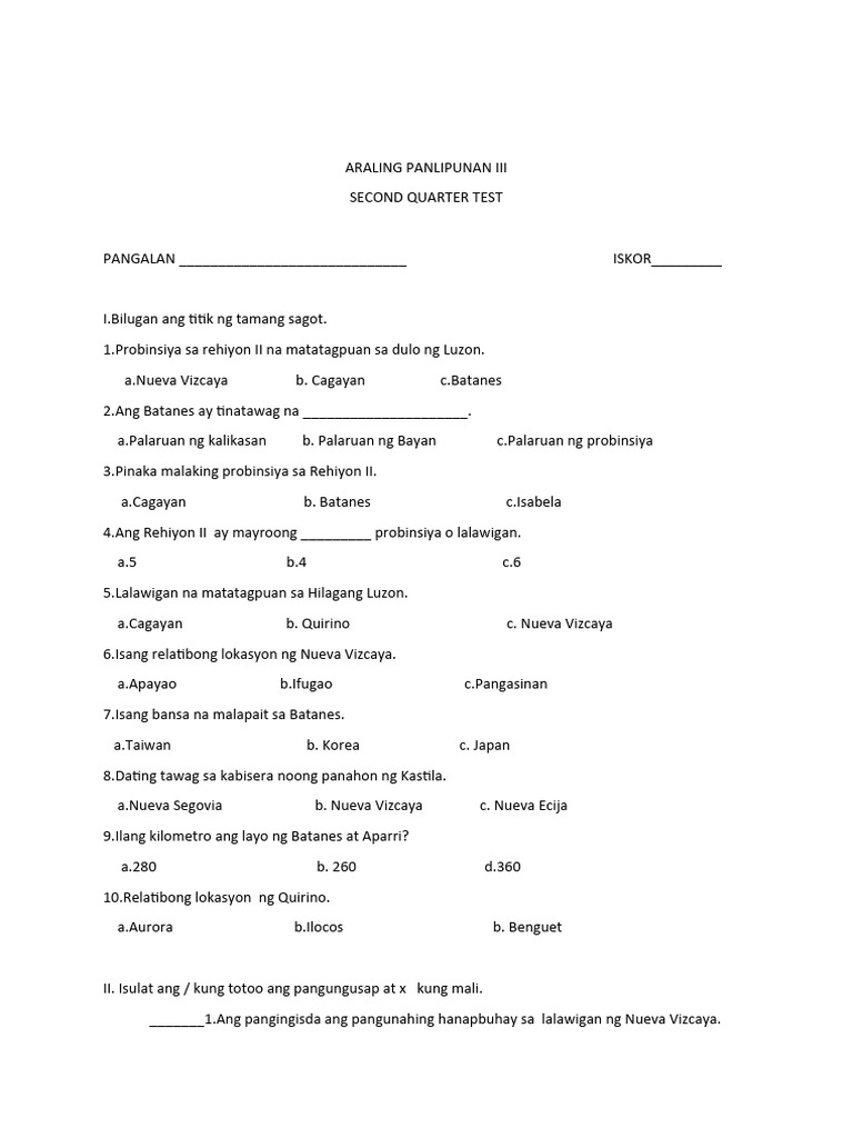 Araling Panlipunan Iii Test Paper Second Grading | PDF