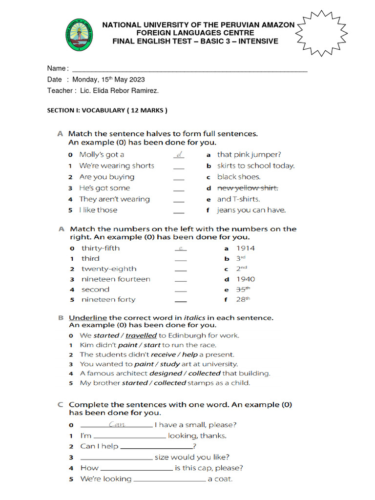 Basic 3 Intensive English Final Test | PDF