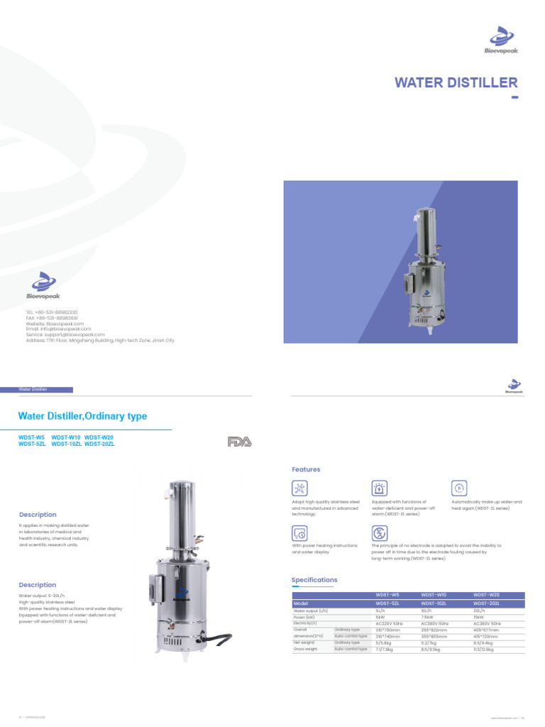 Industrial Water Distiller Specifications | PDF | Water | Distillation