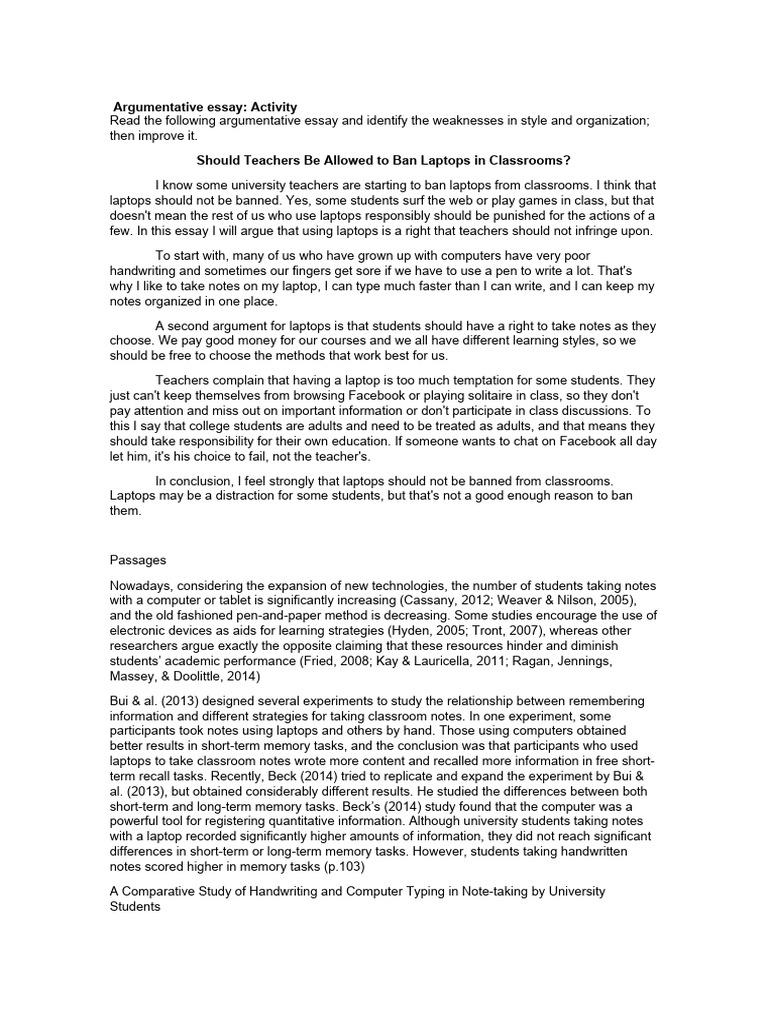 Argumentative Essay Activity | PDF | Memory | Laptop