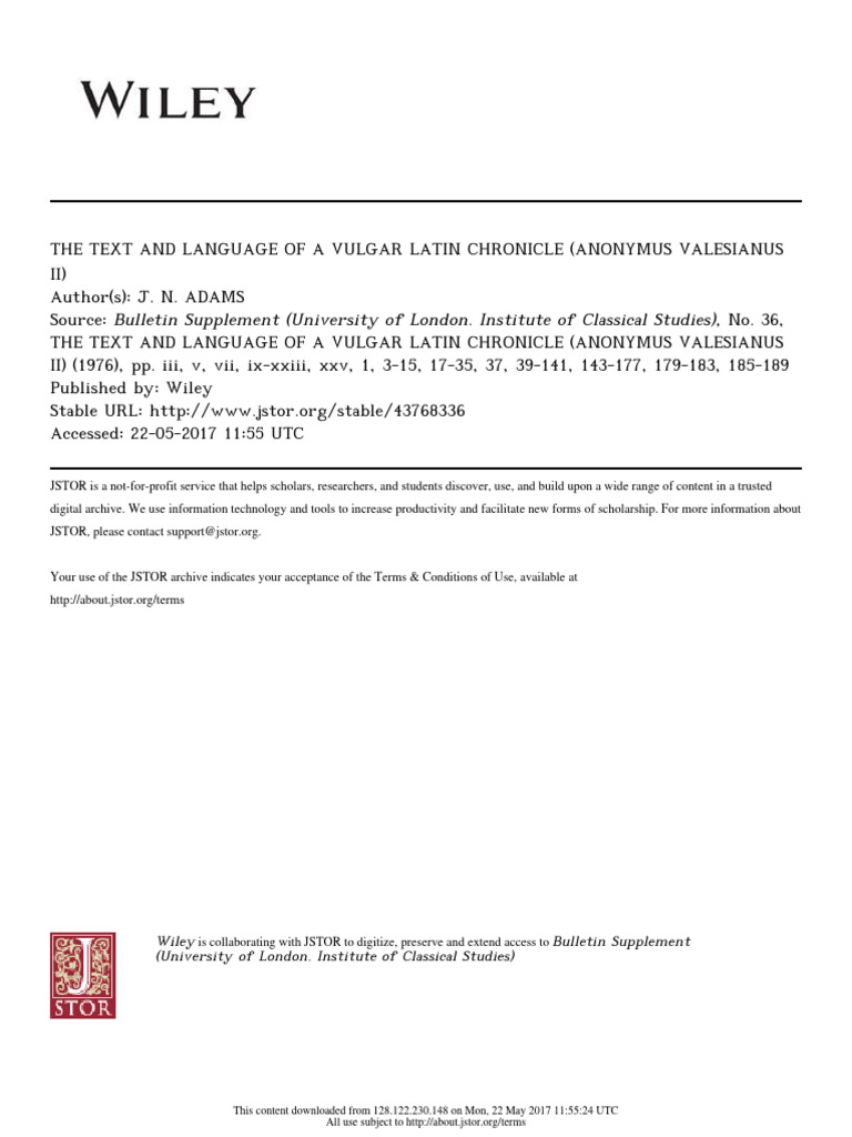 The Text and Language of A Vulgar Latin Chronicle (Anonymus Valesianus ...