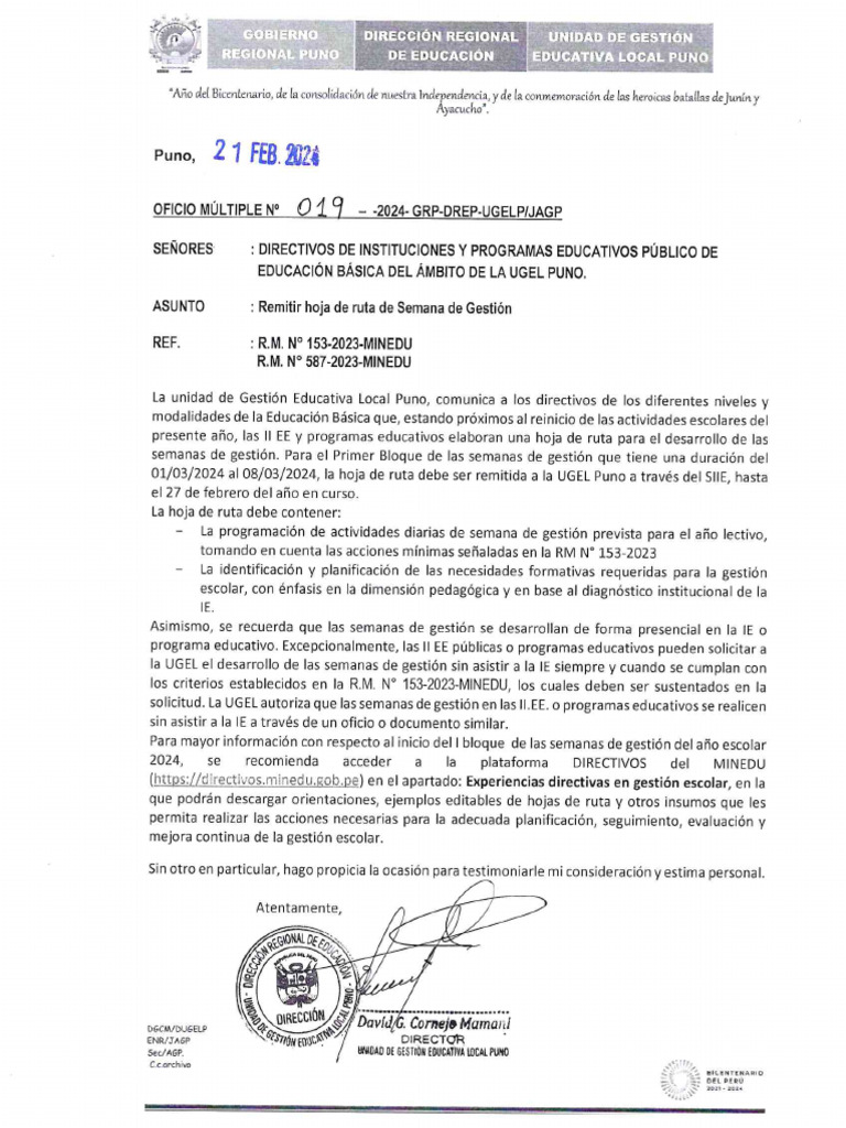 Oficio #019 2024 Semana de Gestion 1 | PDF