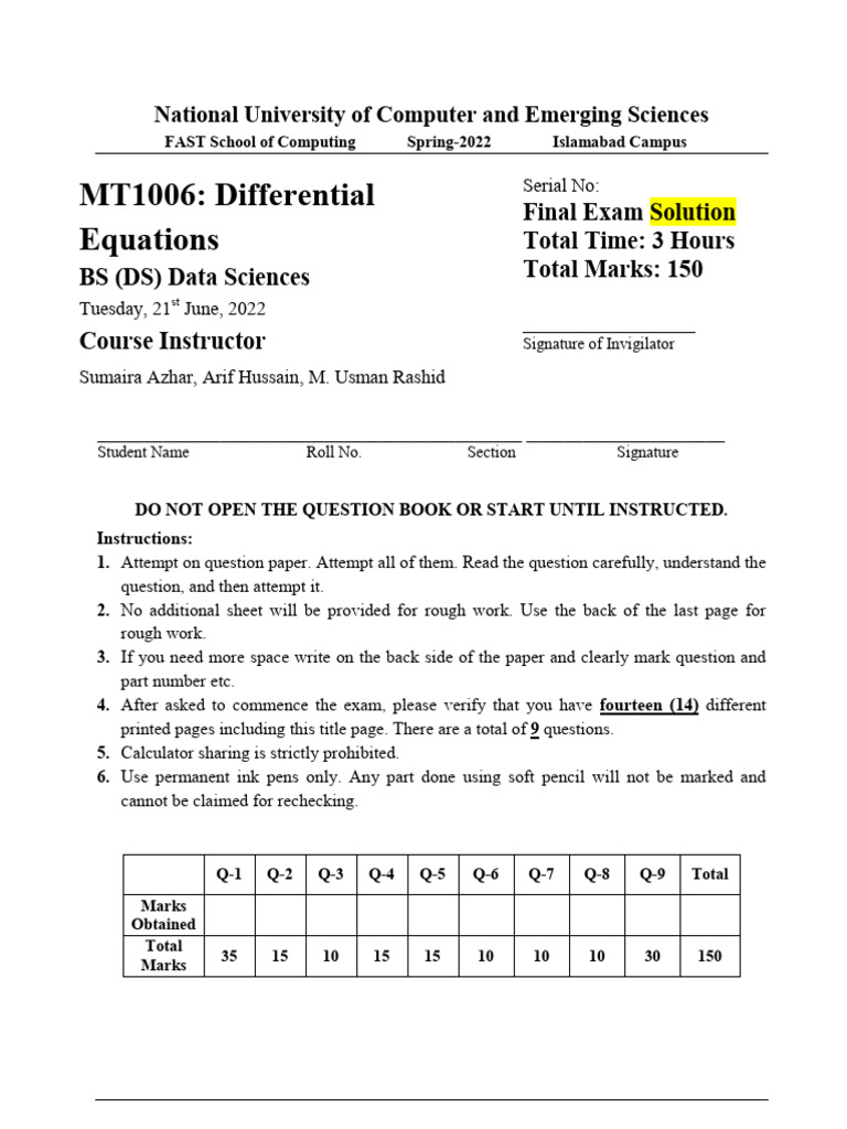 MT1006 BDS S23 Final Examination Solution | PDF | Equations | Mathematical Relations
