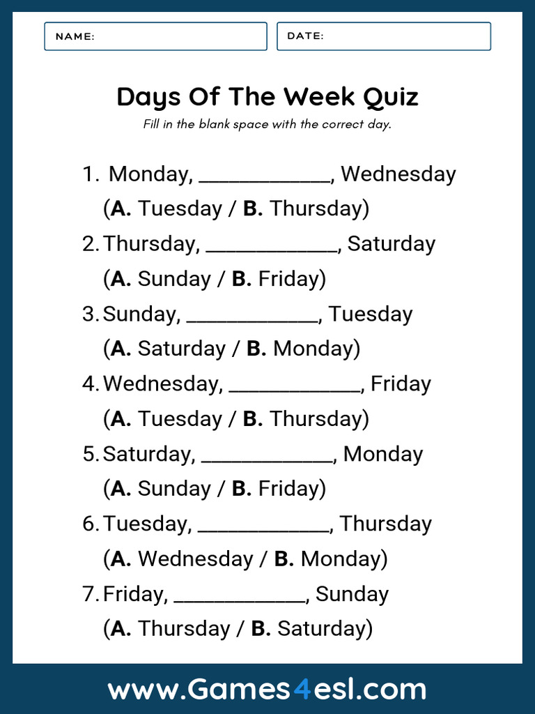 Days of the Week Quiz Worksheet | PDF