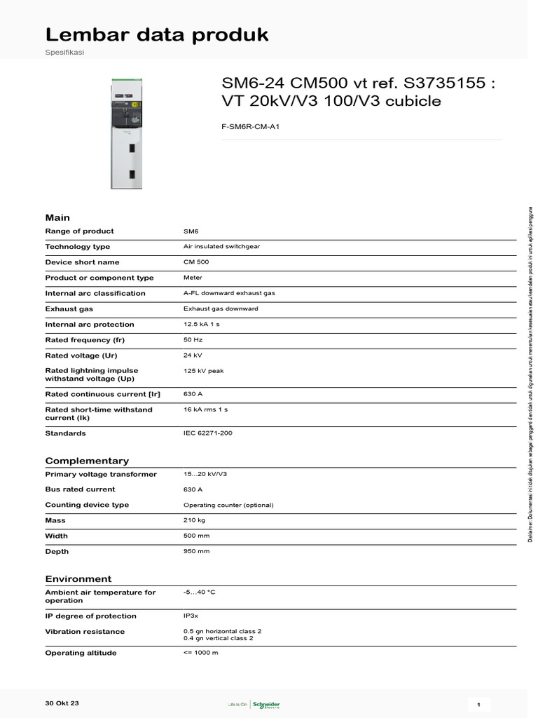 Lembar Data Produk: SM6-24 CM500 VT Ref. S3735155: VT 20kV/V3 100/V3 Cubicle | PDF
