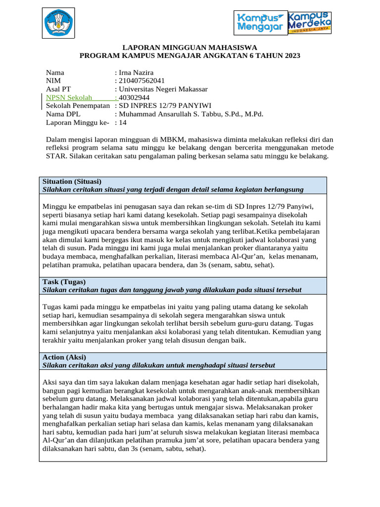 Format Laporan Minggu Mahasiswa Kampus Mengajar Ke 14 (PDF - Io) | PDF