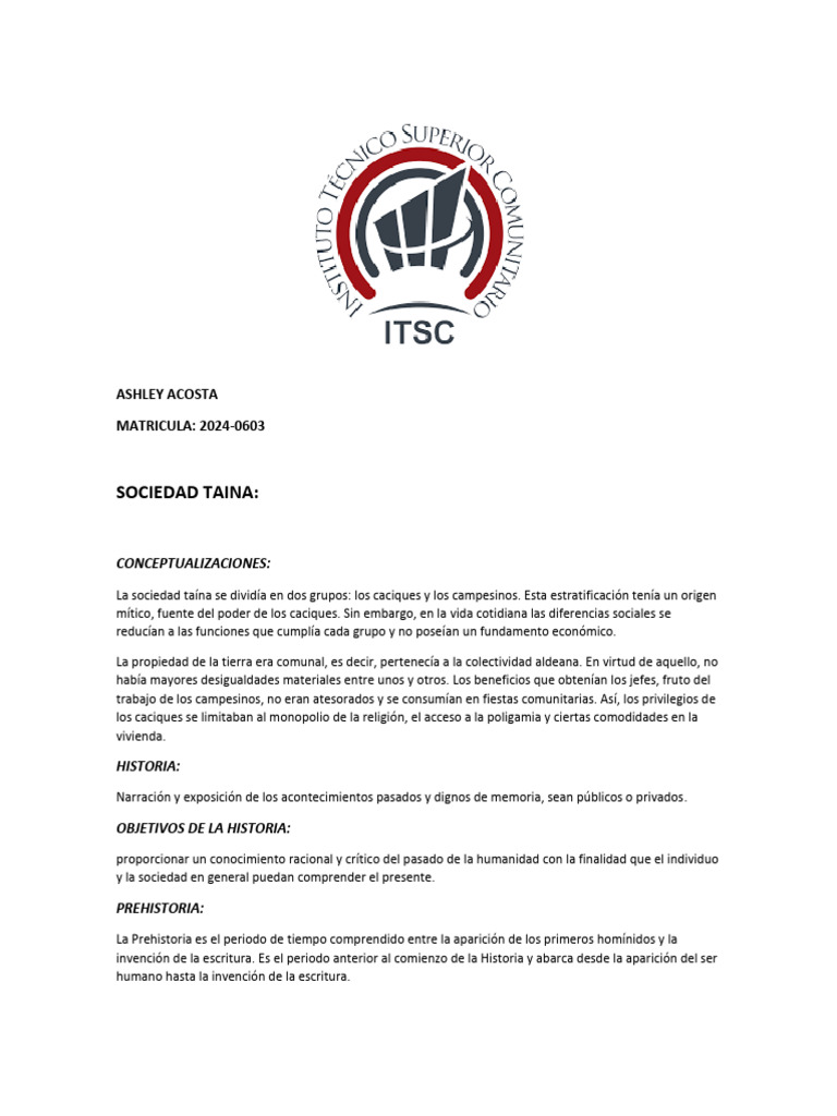 ASHLEY ACOSTA La Sociedad Taina | PDF | Viajes y turismo | Religión y ...