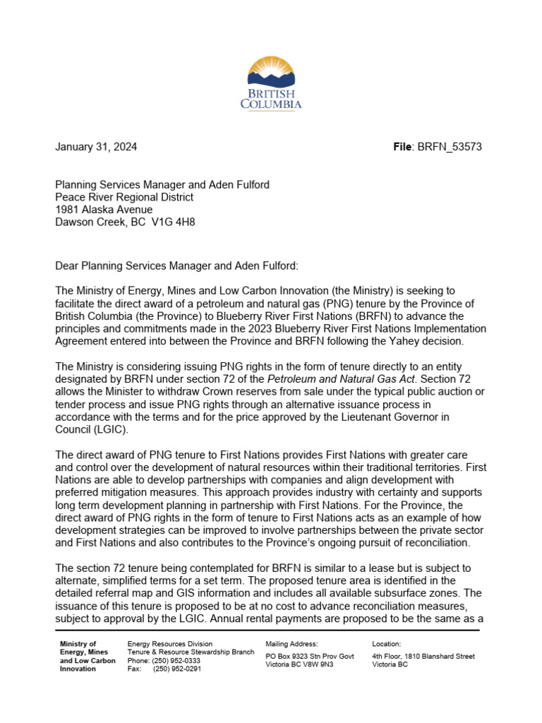 Correspondence - Ministry of Energy, Mines Letter Re Direct Award of A ...