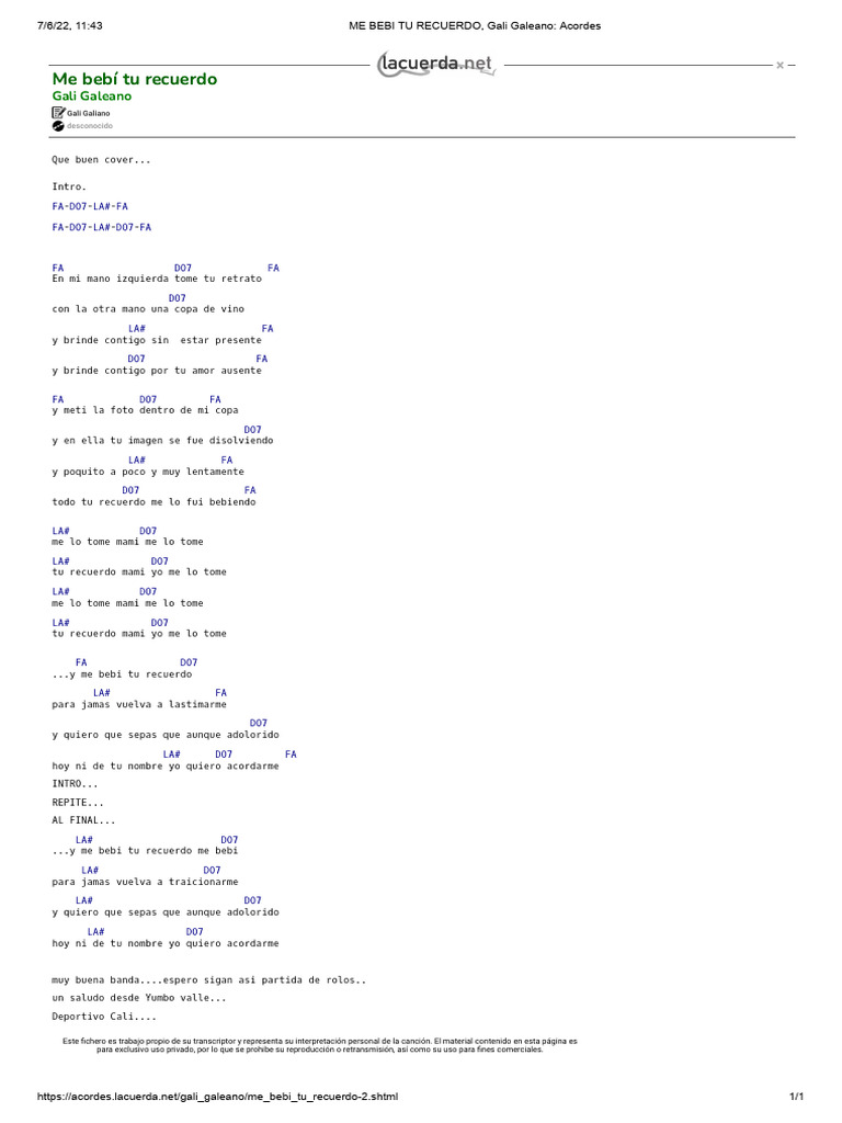 ME BEBI TU RECUERDO, Gali Galeano - Acordes | PDF