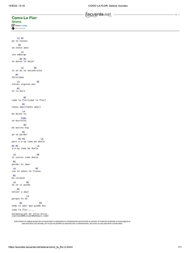 COMO LA FLOR, Selena - Acordes | PDF