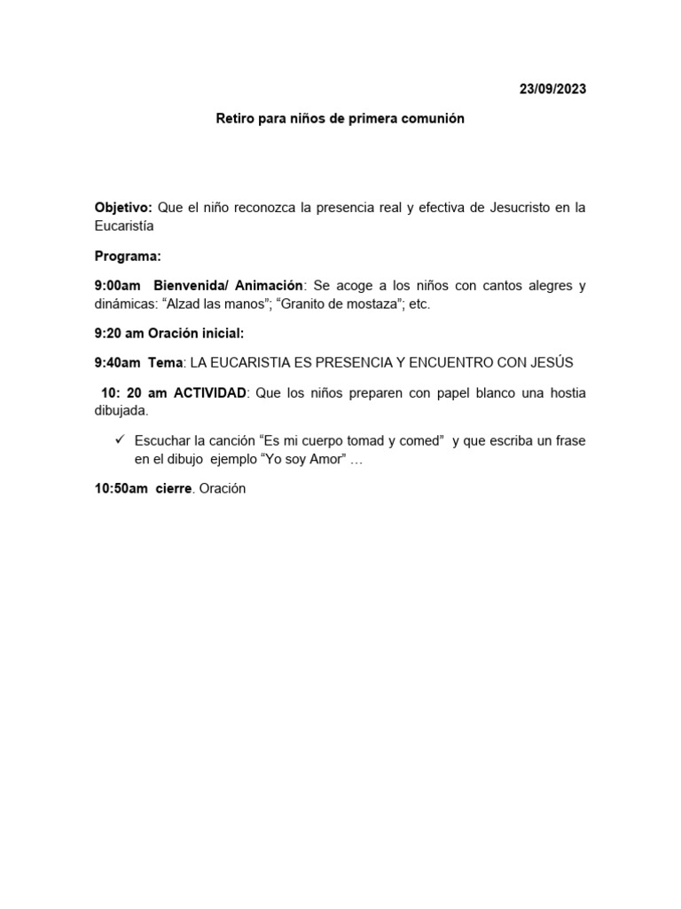 Programa de Retiro para Niños de Primera Comunion | PDF
