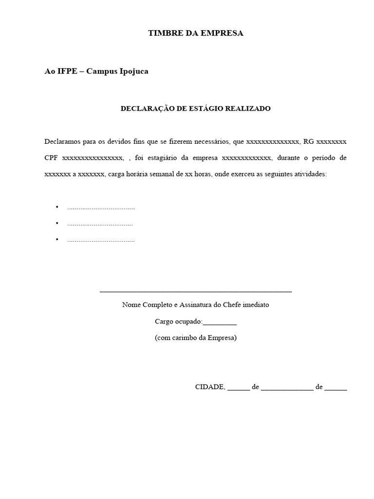 Declaracao De Estagio Realizado Pdf