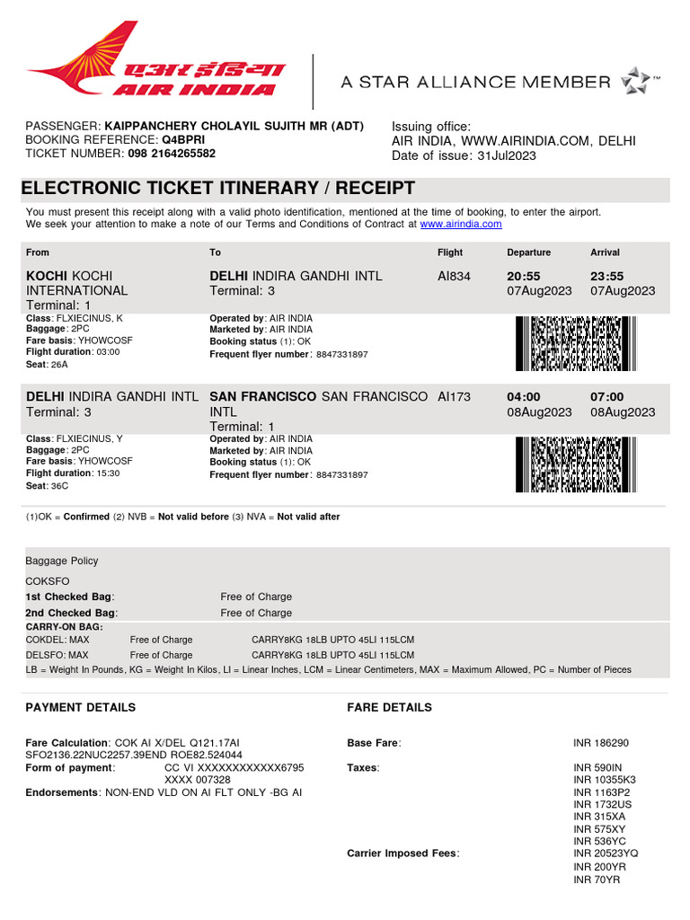 Air India Web Booking ETicket (Q4BPRI) - SUJITH | PDF