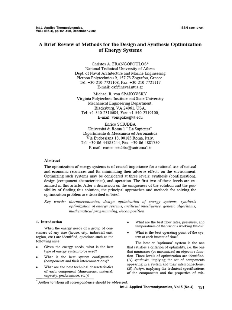 A Brief Review of Methods For The Design and Synthesis Optimization of Energy Systems (#76638 ...