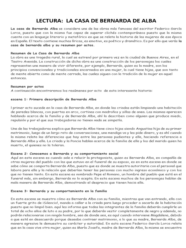 Lectura La Casa de Bernarda Alba | PDF | Federico García Lorca