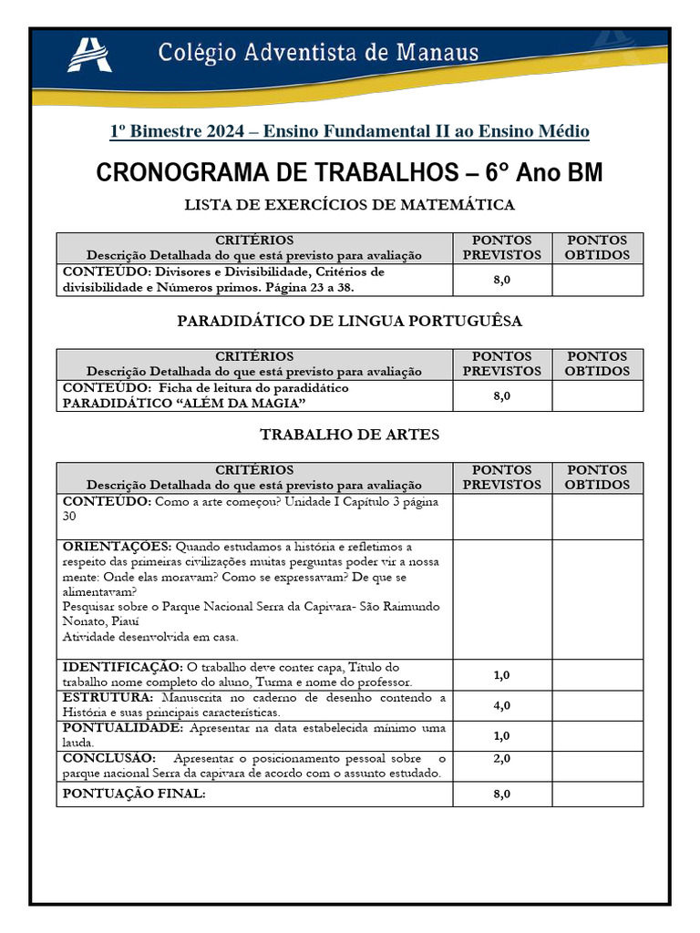 Cronograma de Trabalhos 6°bm | PDF