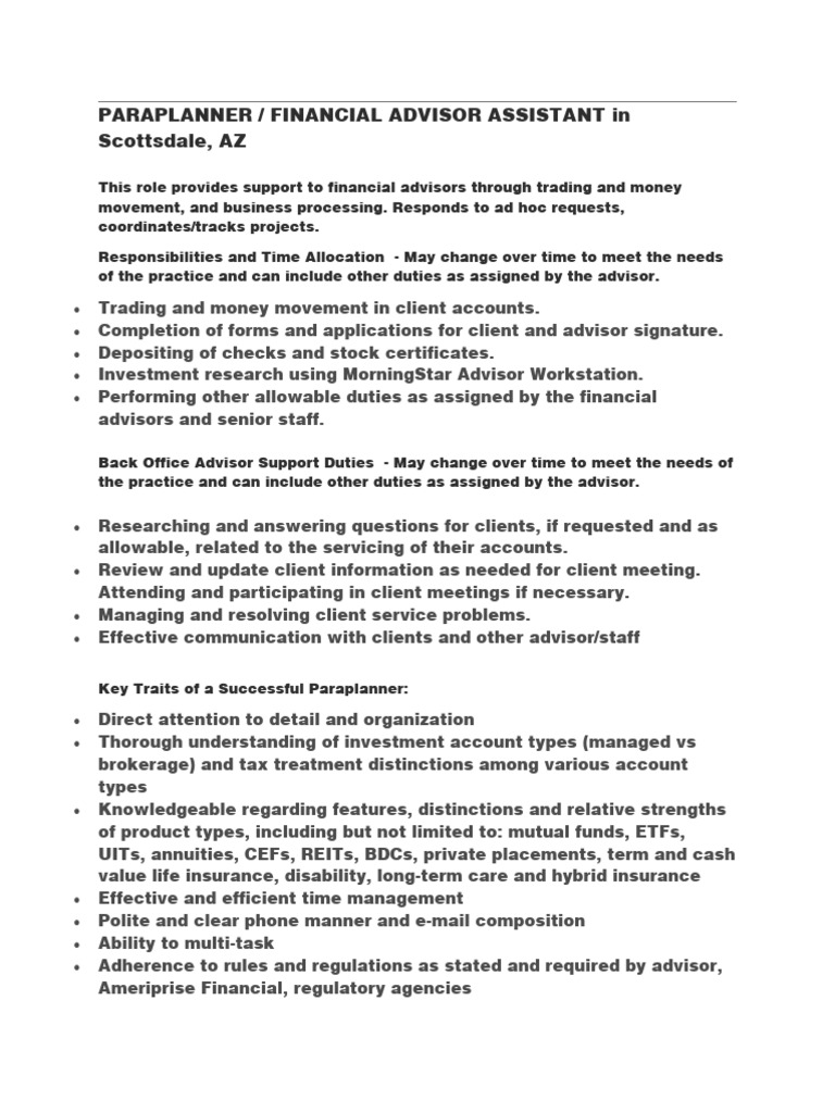 Paraplanner. 2021 Job Description | PDF | Financial Adviser | Insurance