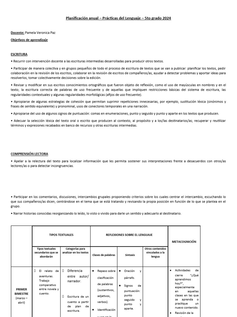 5to Grado - PDL - Planificación Anual | PDF | Adjetivo | Sustantivo