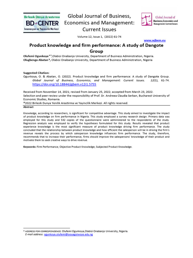 Product Knowledge and Firm Performance A Study of | PDF | Knowledge | Performance Indicator