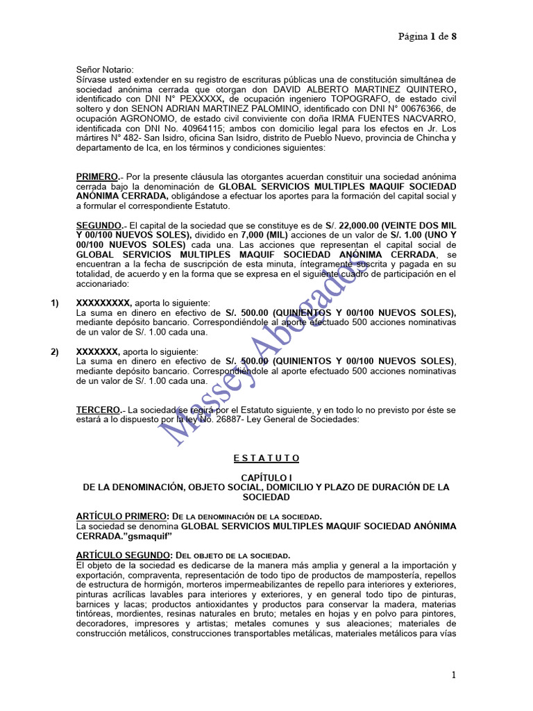 Modelo de Minuta de Constitucion de Empresa Sac | Descargar gratis PDF | Justicia | Crimen y ...