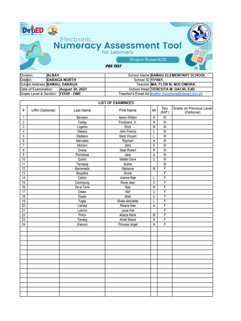 ENAT (Class) Grade 4 PreTest | PDF | Rectangle | Euclid