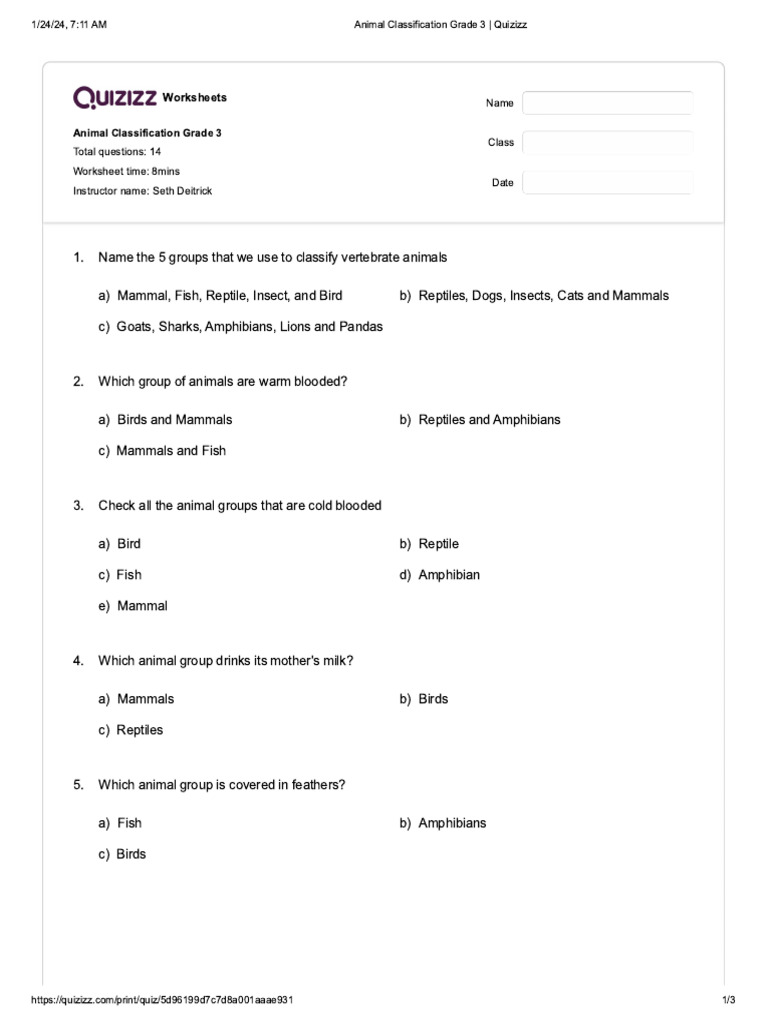 Animal Classification Grade 3 - Quizizz | PDF
