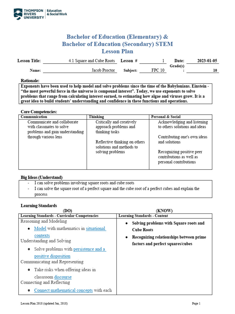 Lesson 1 - 4.1 - Jacob Proctor | PDF | Learning | Lesson Plan