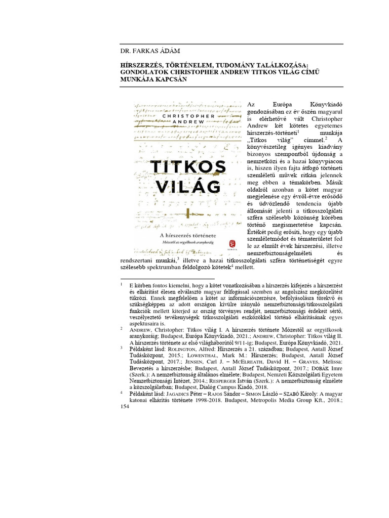Dr. Farkas Ádám - Hírszerzés, Történelem, Tudomány Találkozása-Gondolatok Christopher Andrew ...